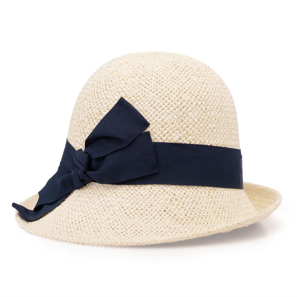 Pixie - ivory summer cloche hat with blue bow for warm days – Bronteshop